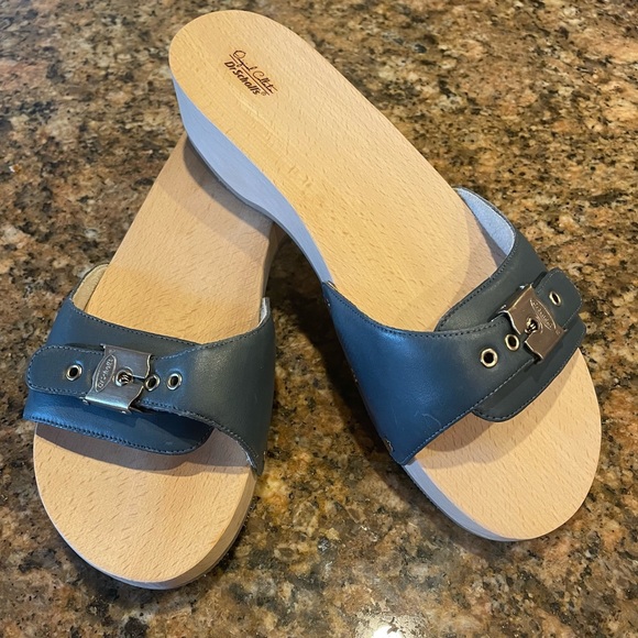 Dr. Scholl's | Shoes | Original Dr Scholls Navy Blue Leather Wooden ...